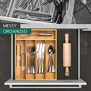 TreeLen Bamboo Utensil Organizer for Kitchen Drawers, 5 Compartments Utensil Drawer Organizer, Wooden Silverware Tray for Drawer, Cutlery Organizer in Drawer