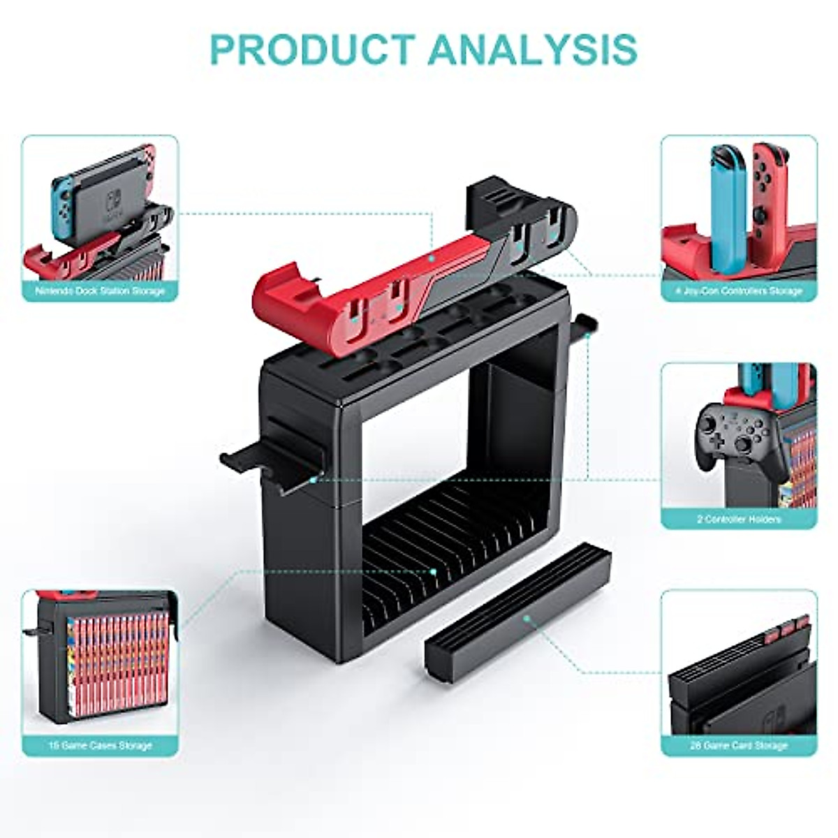 Switch Games Storage Organizer Station with Controller Charging Stand, Charging Dock Compatible with Nintendo Switch, Multifunctional Accessories Kit Storage for Joy-con, Pro Controller, Game Card