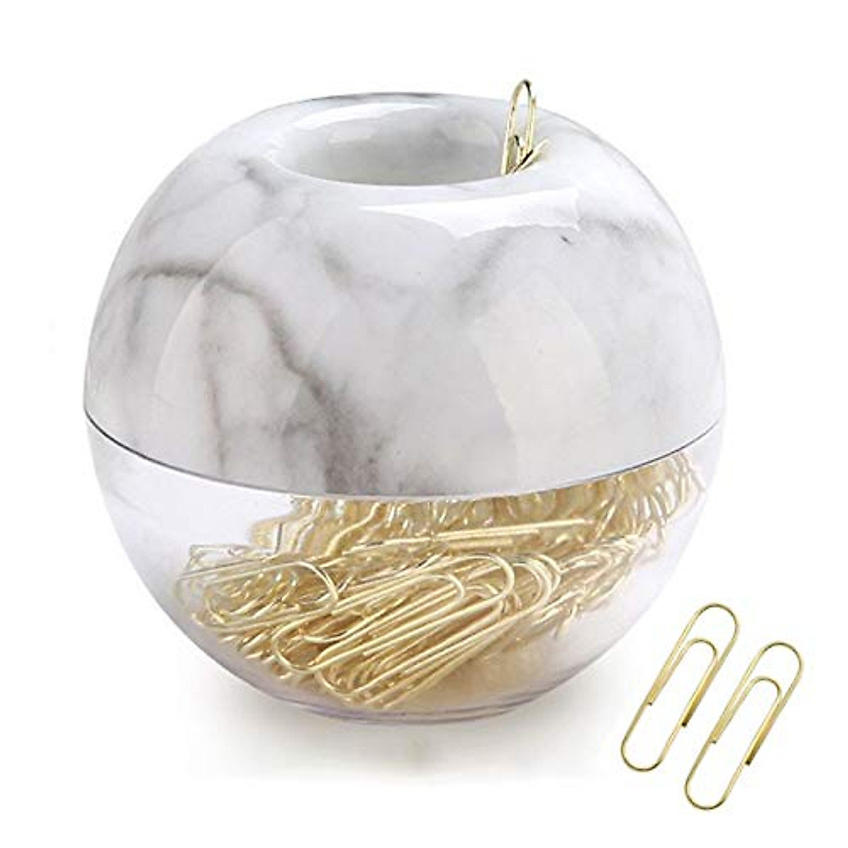 Magnetic Paper Clip Holder, Marble White Holder with Gold Paper Clips 100pcs 28mm(1.1") Cute Office Supplies for Desk Organizer