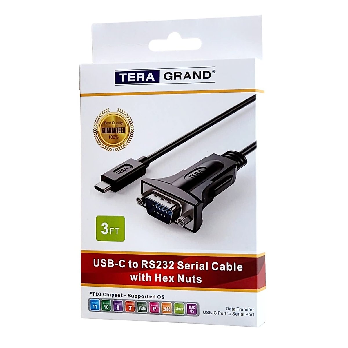 Tera Grand - USB C to RS232 Serial DB9 Adapter Cable with Hex Nuts and FTDI chipset, Supports Windows 11, 10, 8, 7, Vista, XP, 2000, 98, Linux and Mac, 3 Ft