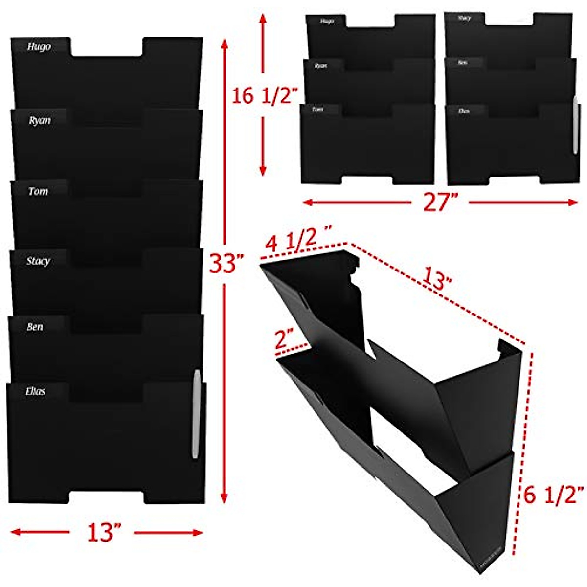 Black Wall Mount Hanging File Holder Organizer 6 Pack | Durable Steel Rack, Solid, Sturdy & Wide | for Letters, Files, Magazines & More | Organize The Desktop, Declutter Your Office - Nozzco