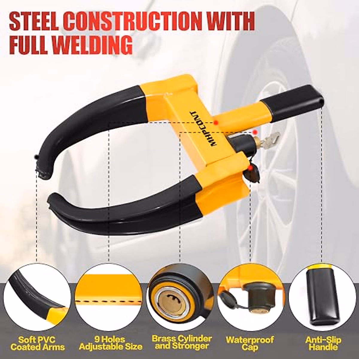 Wheel Lock Universal Trailer Wheel Lock Adjustable Security Tire Boot Lock Anti Theft for ATV RV SUV Car Golf Cart Boats Motorcycles Great Deterrent Bright Black-Yellow (3 Keys)