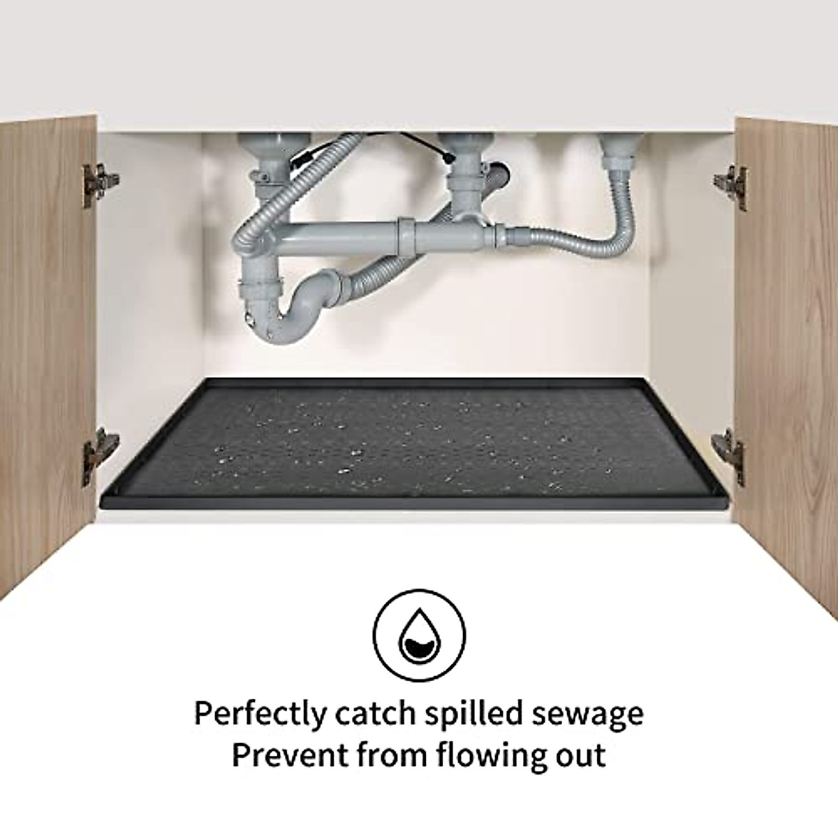 SAVITA Under The Sink Mat 22x34 Inch Silicone Under Sink Liner with Drain Hole Kitchen Cabinet Mats Waterproof Shelf Liner for Kitchen Bathroom Bottom Sink (Black)