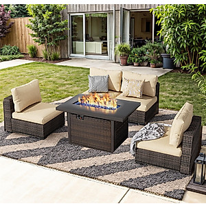 Outdoor Sectional Furniture, 5 Piece Patio Furniture Set with 42-inch Fire Wicker Propane Fire Pit Table - All Weather Wicker Rattan Sofa Conversation Set for Backyard Lawn Poolside Deck, Beige