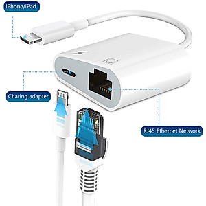 Lightning to Ethernet Adapter, [Apple MFi Certified] 2 in 1RJ45 Ethernet LAN Network Adapter for iPhone/iPad/iPod, Supports 100Mbps Ethernet Network with Charge Port, Plug and Play, Support All iOS