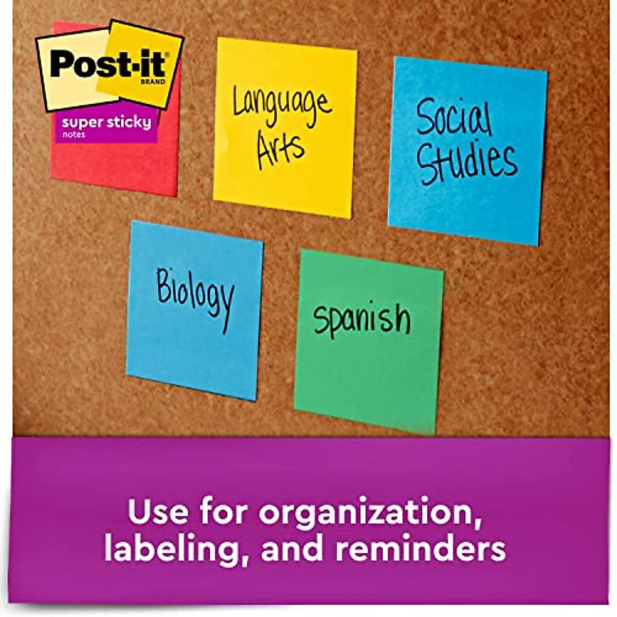 Post-it Super Sticky Notes, 3x3 in, 6 Pads, 2x the Sticking Power, Playful Primaries Collection, Primary Colors (Red, Yellow, Green, Blue, Purple), Recyclable(654-6SSAN)