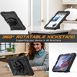 Timecity Case for Samsung Galaxy Tab A7 Lite 2021 8.7'' SM-T220/T225/T227 with Screen Protector, Heavy Duty Rugged Full-Body Protective Case with 360 Rotating Stand, Hand/Shoulder Strap Case, Black