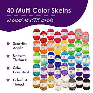 Crochet kit for Beginners| 40 Mini Skeins of Colorful Acrylic Yarn for Crocheting & Knitting (875 Yards), Storage Bag, 2 Crochet Hooks, 4 Crochet Stitch Markers, 2 Needles & 7 PDF Ebooks