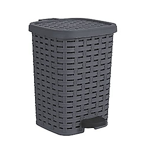 Superio Small Square Pedal Trash Can 7.5 Qt. Charcoal Grey - Rattan Style Compact Small Garbage Can with Lid for Small Spaces, Indoor Outdoor