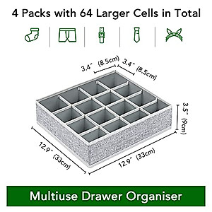 homsorout Sock Organizer for Drawer, Large Underwear Drawer Organizer with 64-Cell, Foldable Dresser Drawer Organizers Clothes, Closet Organizers for Socks, Belts, Panties, Ties, 4 Pack, Blended