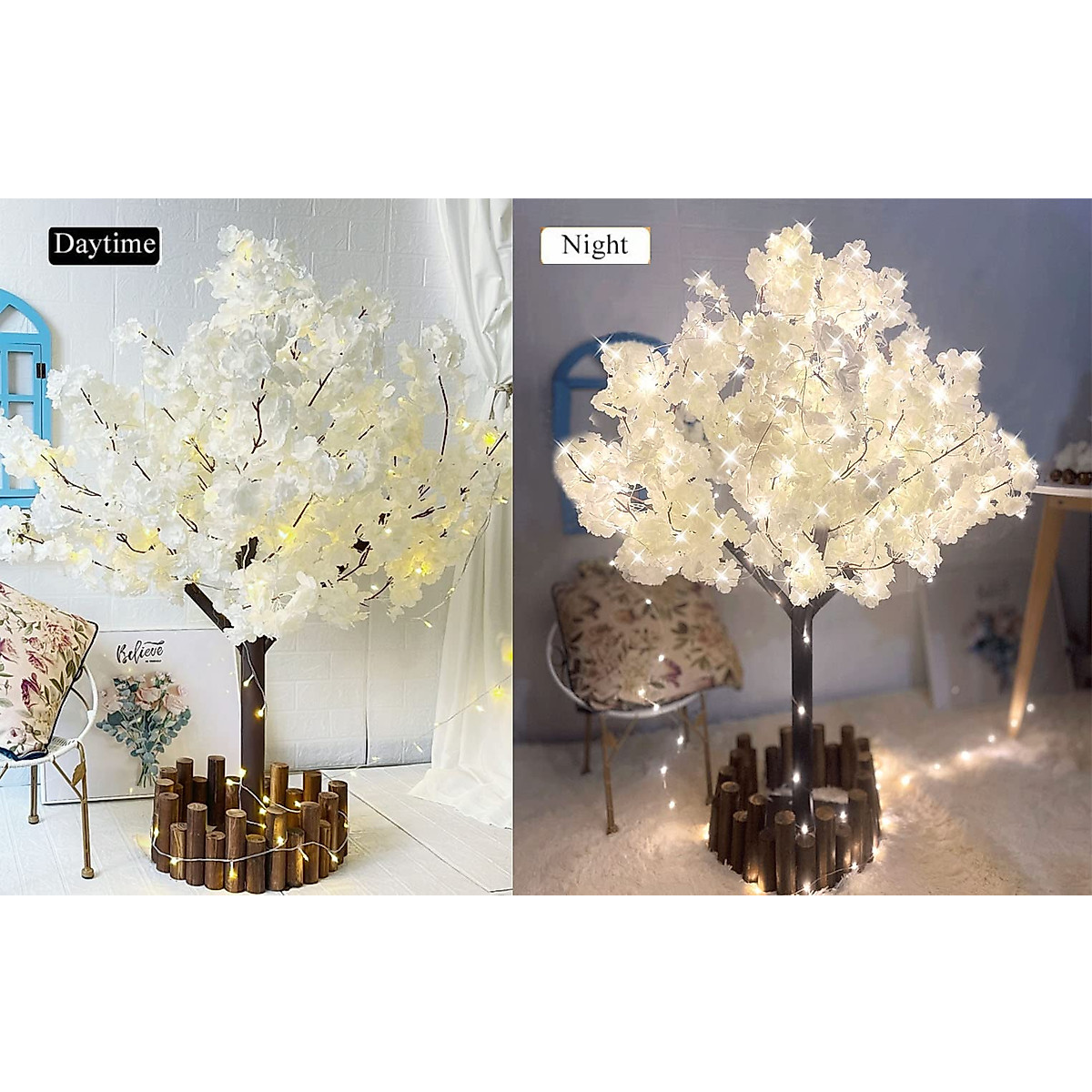 Artificial Cherry Blossom Lighted White Tree with 300 Warm White LEDs for Indoor Outdoor Home Decor Wedding (6FT Tall/1.8M)