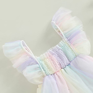 Newborn Baby Girls Summer Clothes Fly Sleeve Ruffle Romper Square Neck Smocked One-Piece Tulle Bodysuit Jumpsuit (Multi-color, 12-18 Months)