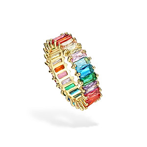 Michooyel Eternity Rainbow Ring Band Ring for Women 18K Gold Plated Baguette Multicolor Cubic Zirconia Eternity Ring