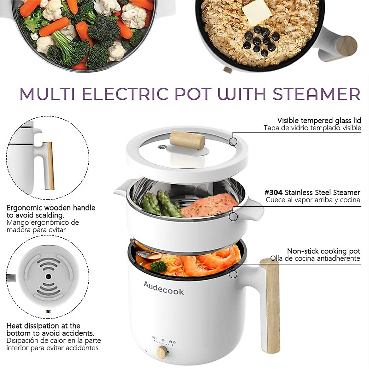Audecook Electric Hot Pot with Steamer, 1.8L Portable Mini Travel Cooker, Multifunctional Non-Stick Electric Skillet for Stir Fry/Stew/Steam, Perfect for Ramen Noodles/Pasta/Egg/Soup/Oatmeal