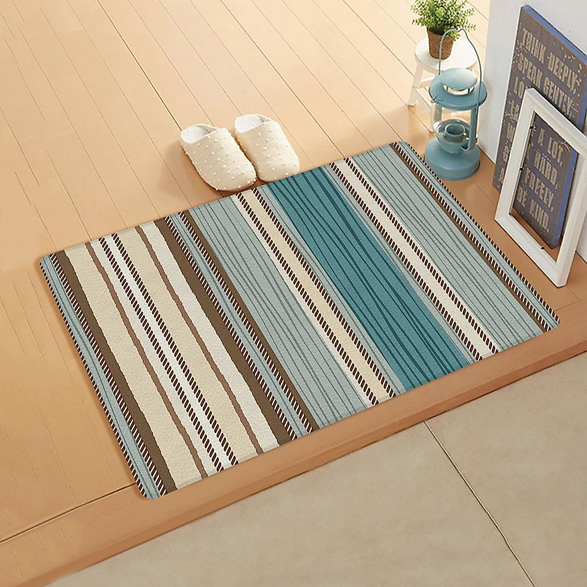 Teal Blue Green Striped Boho Antifatigue Kitchen Bath Door Mat Cushioned Runner Rug,Washable Welcome Floor Sink Mat,Antique Southwestern Native Pattern Tribal Non-Slip Comfort Standing Doormat,18"x30"