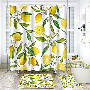 ArtSocket 4 Pcs Shower Curtain Set Floral Lemon Fruits Flowers Leaves Vintage Yellow with Non-Slip Rugs Toilet Lid Cover and Bath Mat Bathroom Decor Set 72" x 72"