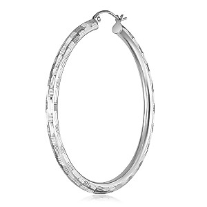 14k REAL White Gold 3mm Thickness Hinged Diamond Cut Hoop Earrings (45 x 45 mm)