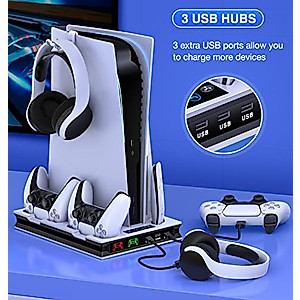 PS5 Stand with 3 Level Cooling Fan, Dual Fast PS5 Controller Charging Station Incl. 4 USB C Dongles, 3 USB Hubs, Headset Holder, Media Slot,PS5 Accessories PS5 Cooling Station for Sony P5 Digital/Disc