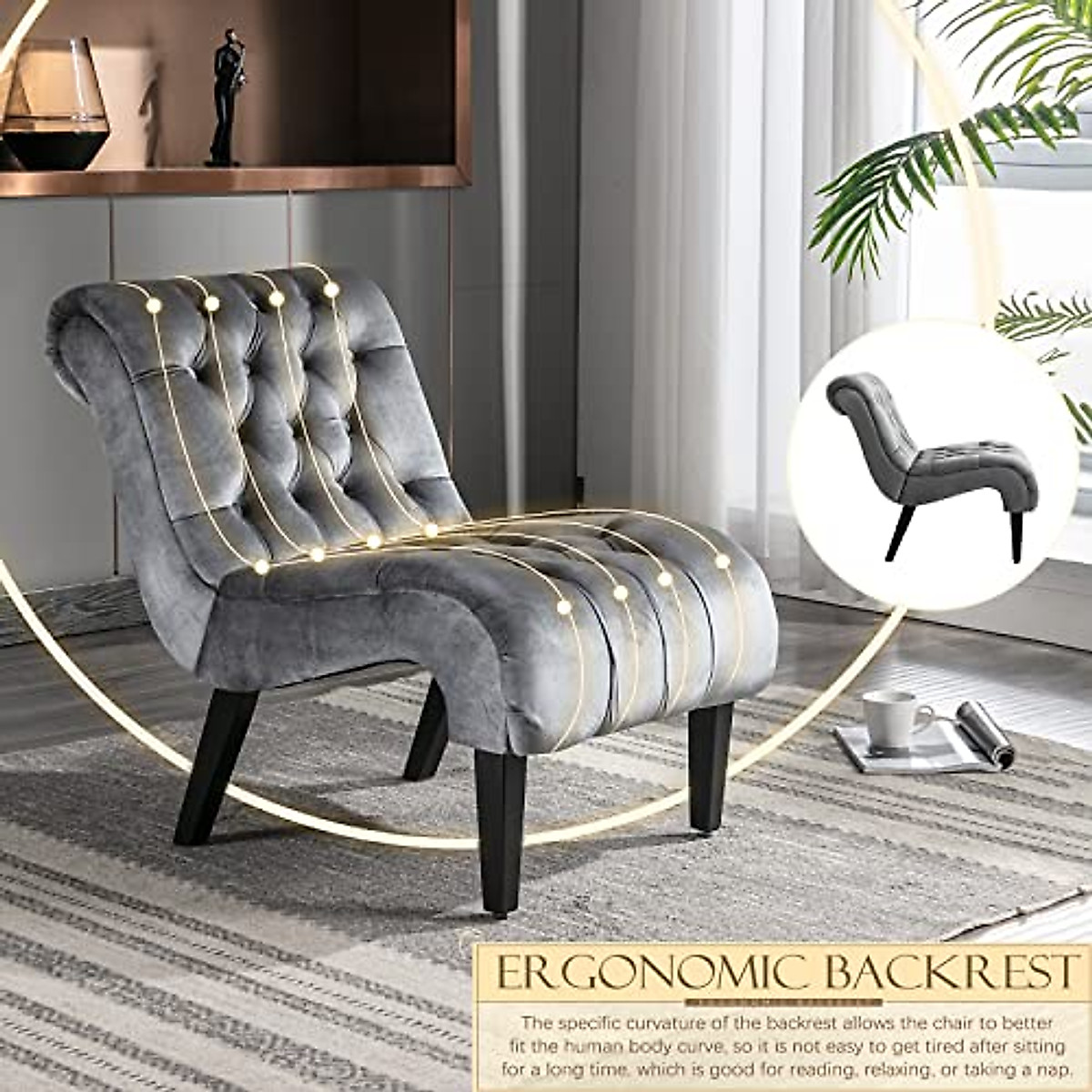 Velvet Accent Lounge Chair for Living Room, Modern Leisure Chair with Tufted Backrest, Indoor Armless Side Chair, Upholstered Bedroom Sleeper Chair with Solid Wood Legs, Grey