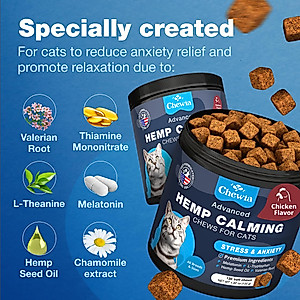 CHEWIA Cat Calming Treats - Hemp Calming Care for Cats - Cat Anxiety Relief - Cat Melatonin Soft Chews with Hemp Seed Oil, L-Tryptophan - Calming Chews for Cats - Storms, Travel, Grooming, Separation