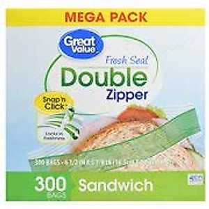 Great Value Double Zipper Sandwich Bags, 300 Count (Pack of 2)
