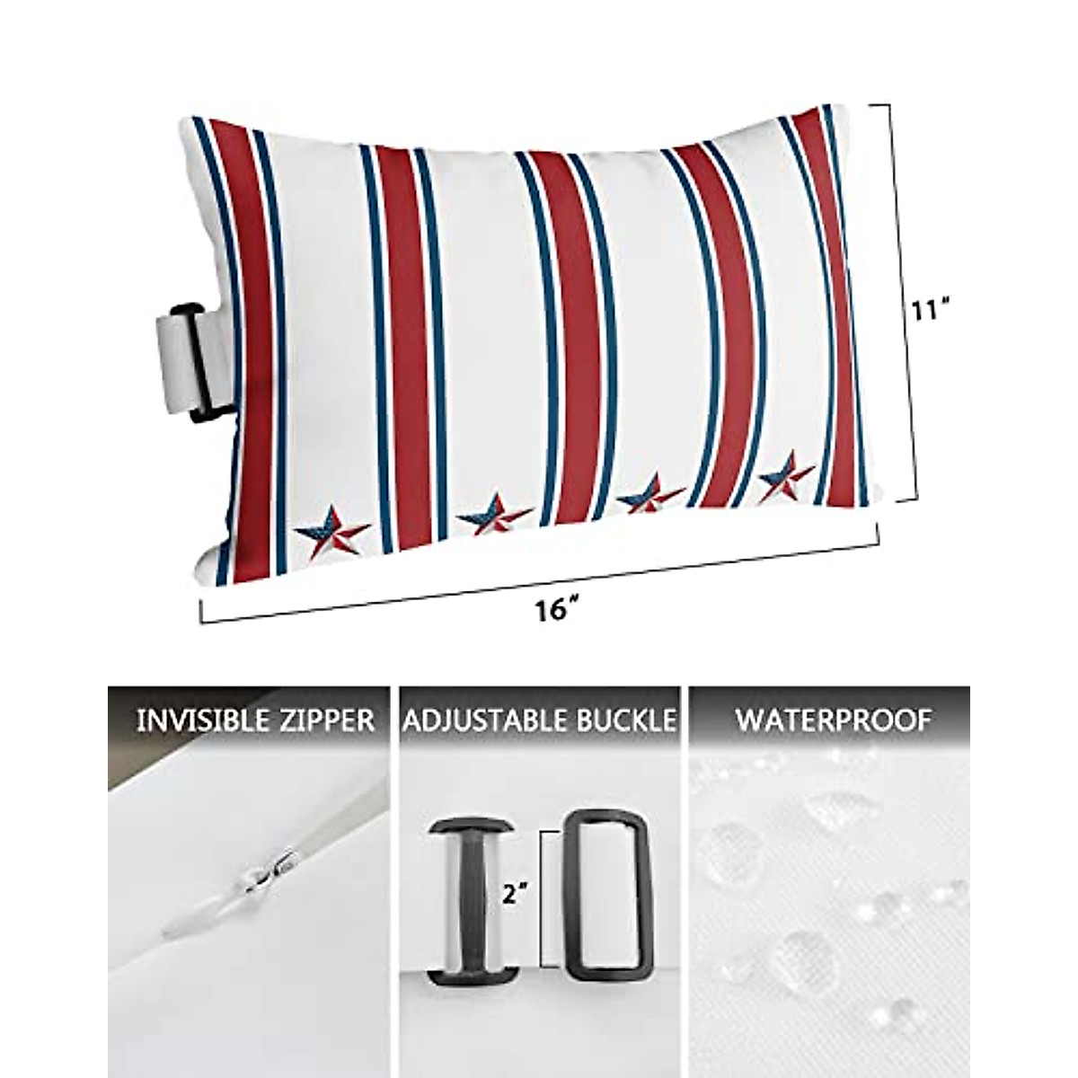 Recliner Head Pillow Ledge Loungers Chair Pillows with Insert 4th of July Star Stripes White Lumbar Pillow with Adjustable Strap Outdoor Waterproof Patio Pillows for Beach Pool Chair, 2 PCS