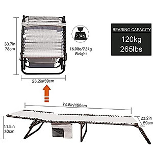 GOLDSUN Foldable Patio Chaise Lounge Chair for Outdoor with Detachable Pocket and Pillow, Portable Adjustable Sun Lounger Recliner for Beach, Camping and Pool-Beige（1pack