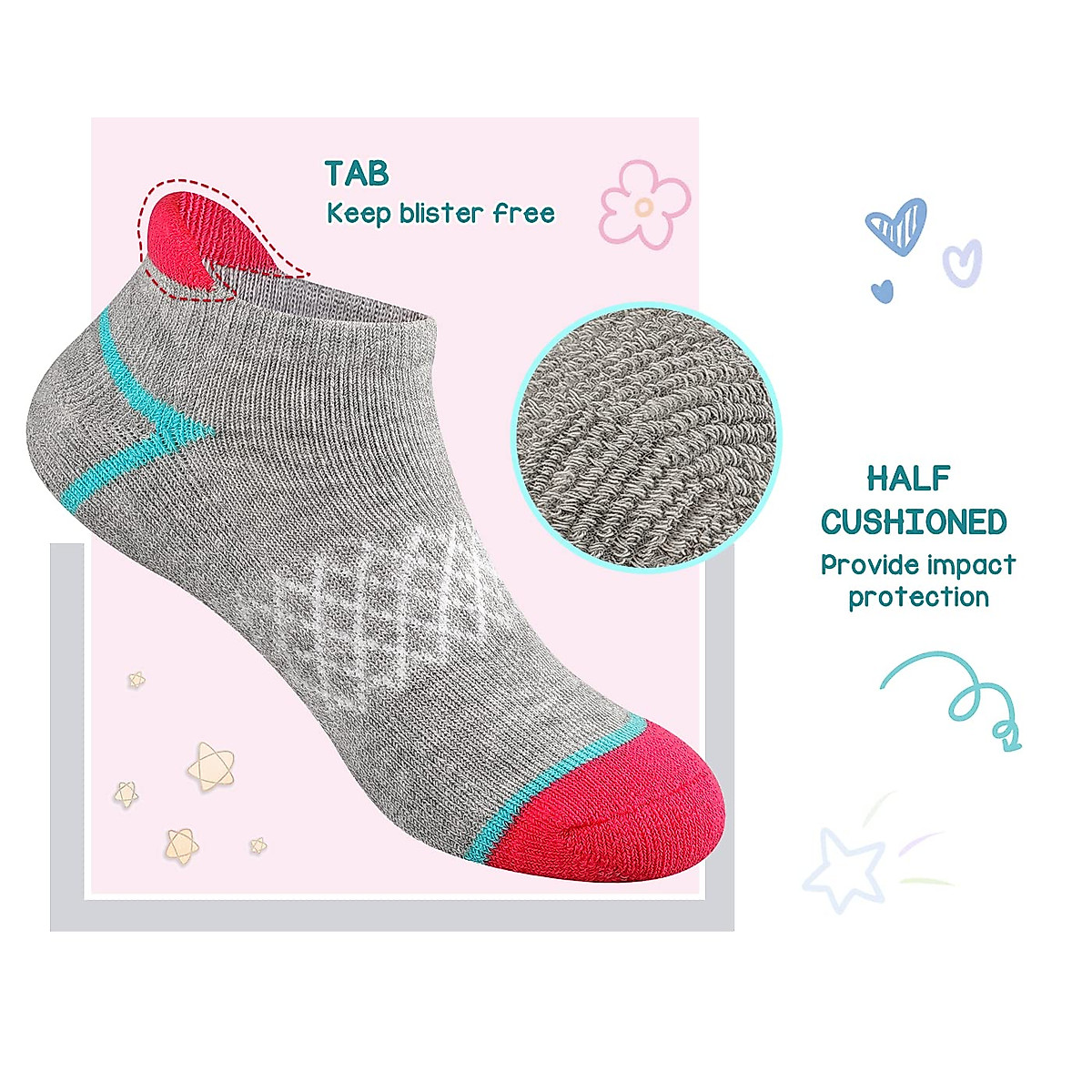 Comfoex 12 Pairs Girls Socks Ankle Athletic Socks Cotton Sports Socks With Cushioned Sole For Big Little Kids,Big Kid