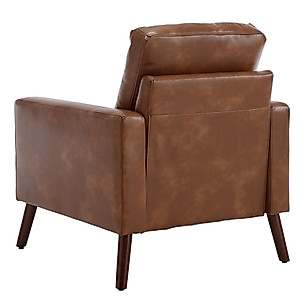 BESTANO Set of 2 Brown Faux Leather Armchair Accent Chairs, Mid Century Modern Button Tufted Accent Chair with Wood Legs, Cozy Armchair Club Chair Single Sofa for for Bedroom Living Room, Caramel