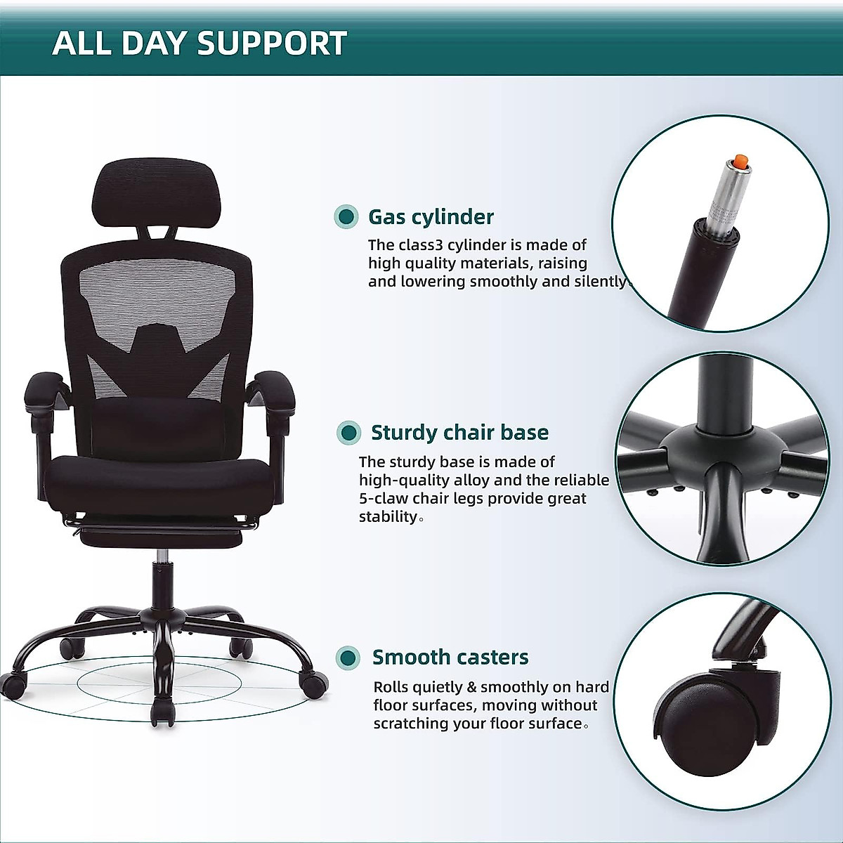 GlasFlength Mesh Ergonomic Office Chair with Foot Rest, Big and Tall Comfy Computer Desk Chair with Adjustable Headrest Backrest, Swivel Executive Desk Chair with Wheels, Black Mesh