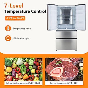 GarveeHome French Door Refrigerator, 18.8 Cu.Ft. Counter Depth Stainless Steel Refrigerators, 4 Door Fridges Full Size Bottom Freezer Kitchen Fridge, Automatic Defrost, LED Lighting