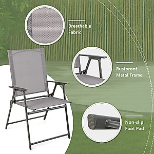 Giantex Patio Folding Chairs Set of 4, Outdoor Lawn Chairs with Rustproof Metal Frame, Portable Dining Chairs for Porch, Deck, Garden, Backyard, Camping, Gray