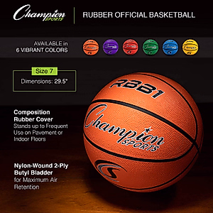 Champion Sports Rubber Official Basketball, Heavy Duty - Pro-Style Basketballs, and Sizes - Premium Basketball Equipment, Indoor Outdoor - Physical Education Supplies (Size 7, Green)