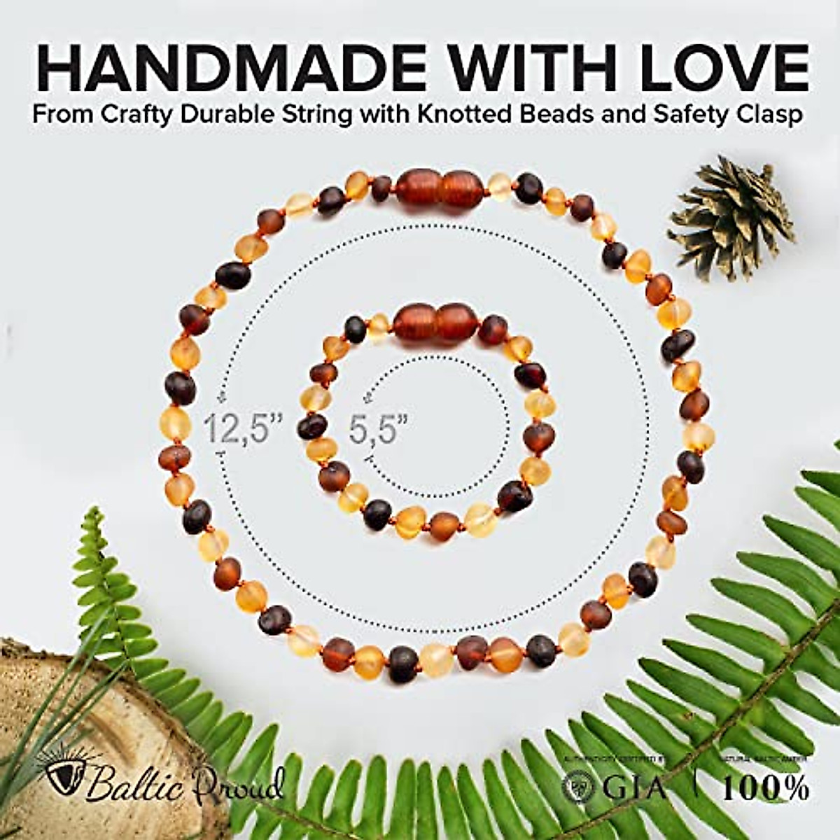 Raw Baltic Amber Necklace and Bracelet Gift Set (Unisex Multi Raw 12.5 Inches/5.5 Inches) - Certified Premium Quality Raw Baltic Sea Amber