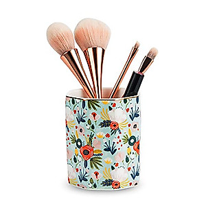 Jwest Pen Holder, Makeup Brush Holder Ceramic Shiny Gold Floral Pattern Pencil Cup for Girls Kids Women Durable Stand Desk Organizer Storage Gift for Office, Classroom, Home Mint Flowers