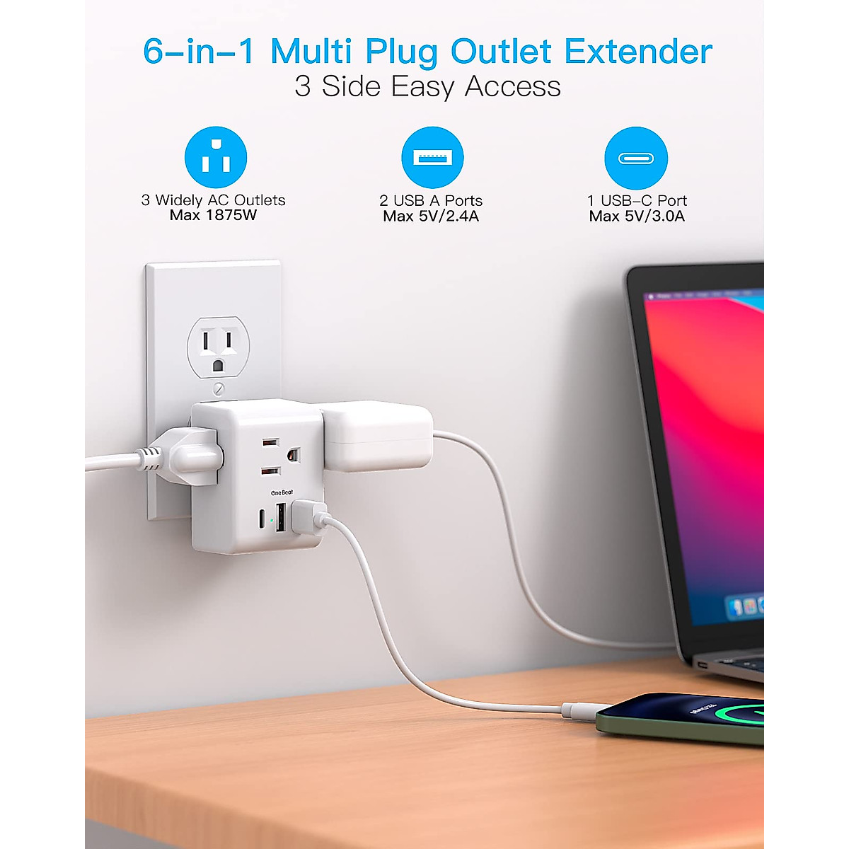 Multi Plug Outlet Extender, Power Strip Non Surge Protector Electric Outlet Splitter with 3 USB Wall Charger (1 USB C), Multiple Outlet Expander for Cruise, Dorm, Travel, Home, Office