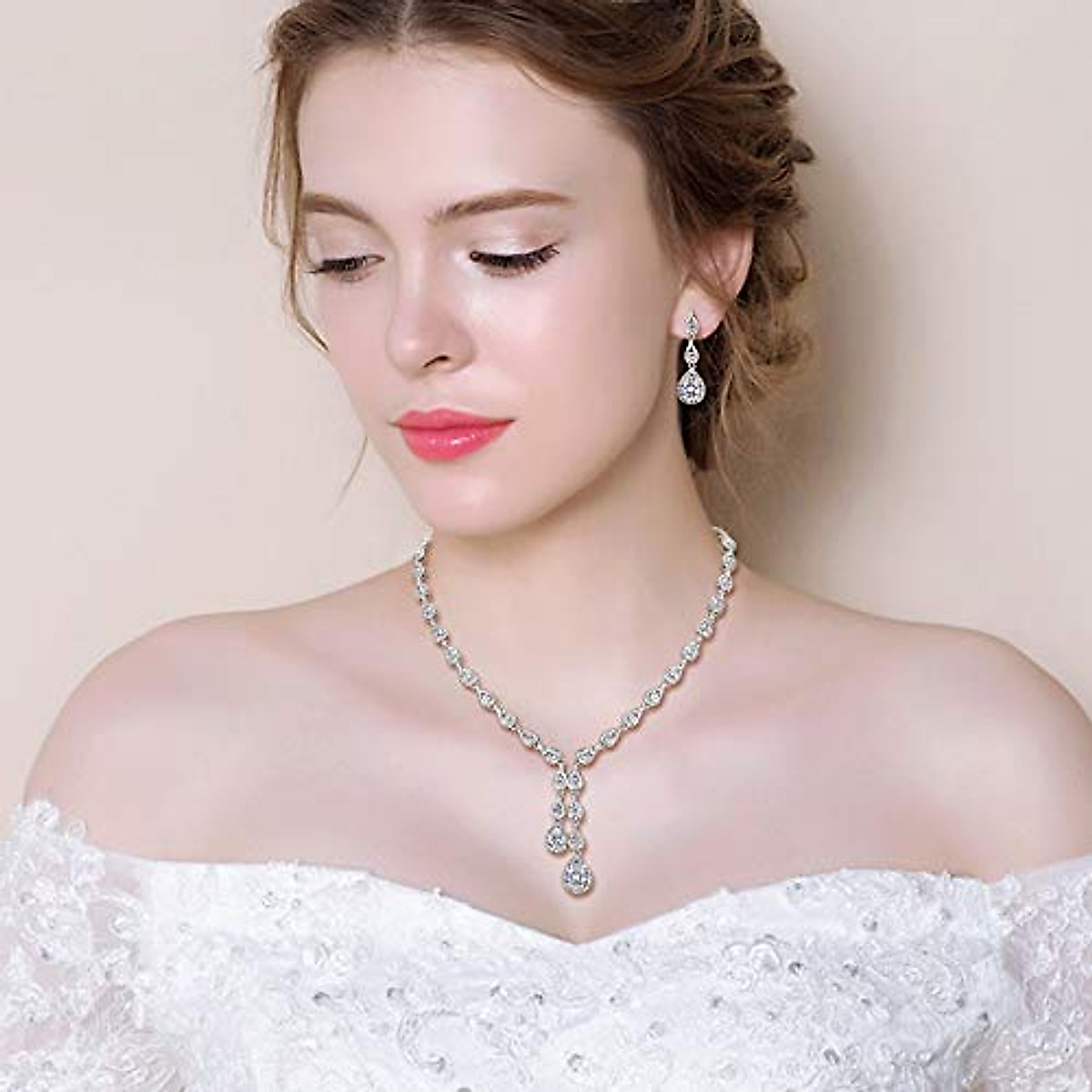 EleQueen Women's Cubic Zirconia Marquise-Shape Teardrop Wedding Bridal Necklace Earrings Jewerly Sets