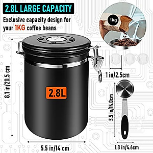 Coffee Canister Airtight 35OZ Large, 2.2 lbs Coffee Storage Container Stainless Steel Air Tight Coffee Jar with Scoop, Date Tracker and CO2 Release Valve for Beans, Ground, Tea, Flour and Sugar, 2.8L