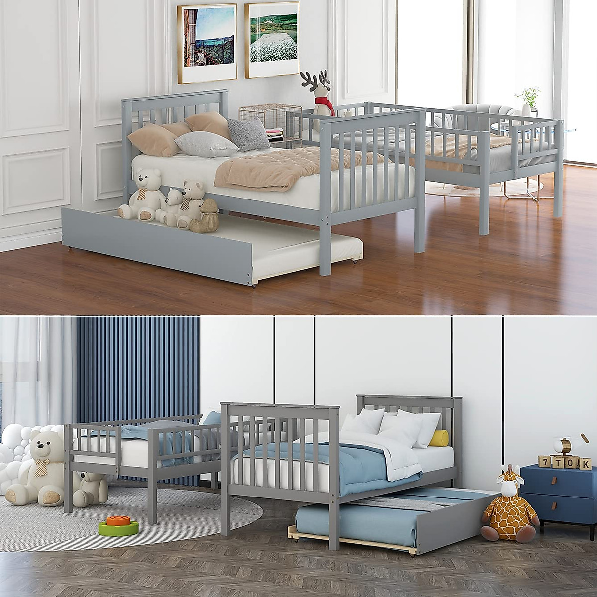 Harper & Bright Designs Bunk Beds Twin Over Twin Size, Solid Wood Bunk Bed with Trundle for Kids and Toddler (Grey Bunk Beds with Trundle)