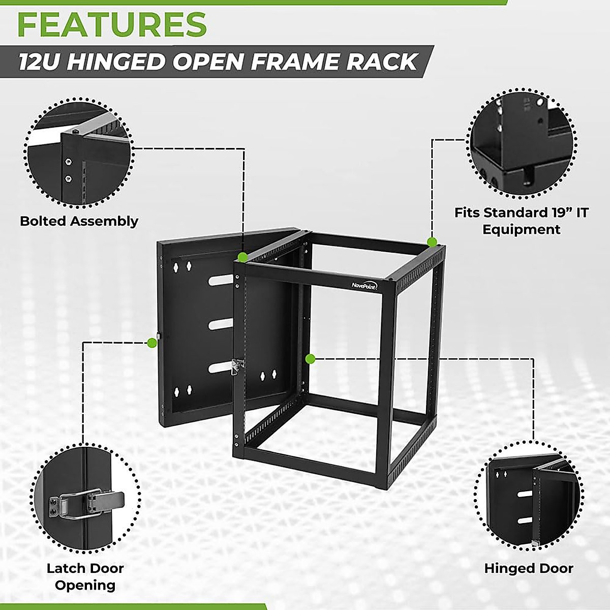 NavePoint 12U Wall Mount Server Rack with Hinged Back, 4-Post 24” Deep, Rear Swing Frame 12U Network Rack Wall Mount for 19 Inch Equipment AV IT Easy Cable Management, Black