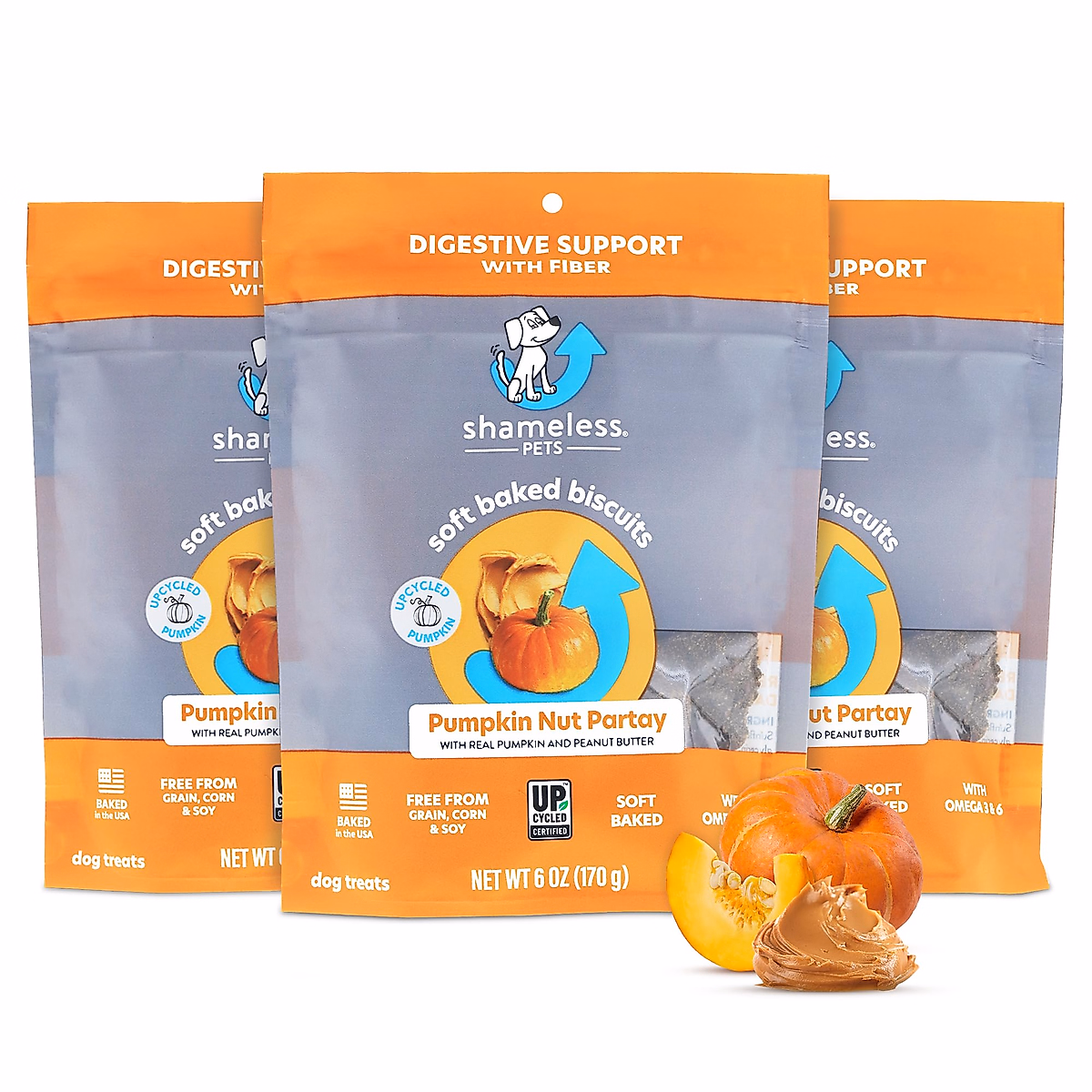 Shameless Pets Soft-Baked Dog Treats, Pumpkin Nut Partay - Natural & Healthy Dog Chews for Digestive Support with Fiber - Dog Biscuits Baked & Made in USA, Free from Grain, Corn & Soy - 3-Pack