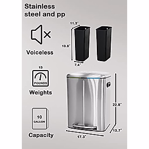 Capacmkseh Stainless Steel Kitchen Trash Can with Lid, 2 X 5-Gallon Dual Step Trash Can, 10 Gallon Large Garbage Can for Kitchen, Recycling Bins, Household Essentials Trash Classification