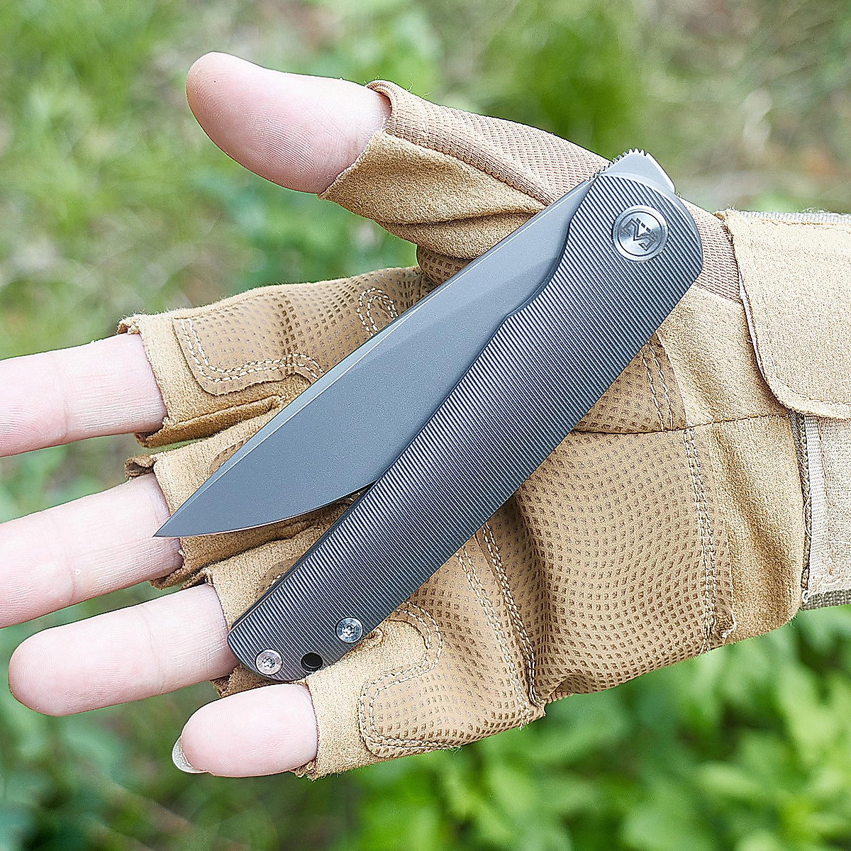 Miguron Knives M Akri Front Flipper Folding Knife 3.75" M390 Blade Dark Grey PVD Titanium Handle Camping Hiking Pocket Knife MGR-612DG