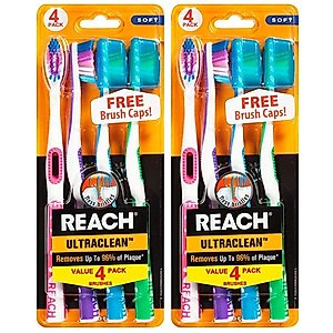 Reach Ultra-Clean Floss Bristles Soft Toothbrush, Assorted Colors, 4 Count (Pack of 2) Total 8 Toothbrushes