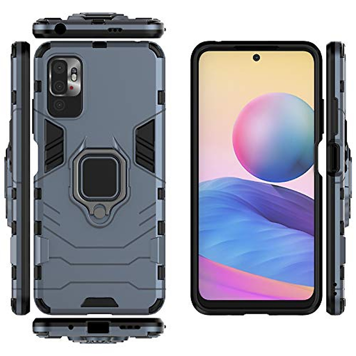 QCMM Compatible for Xiaomi Redmi Note 10 5G / Xiaomi Poco M3 Pro 5G Kickstand Case with Tempered Glass Screen Protector [2 Pieces], Hybrid Heavy Duty Armor Dual Layer Anti-Scratch Case Cover, Blue