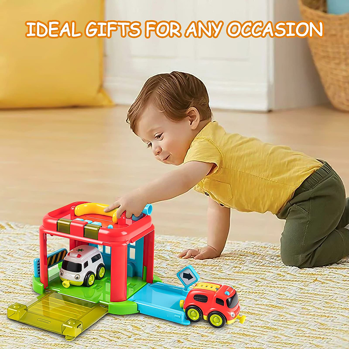 Auspint Children's Fire Rescue Center Toy Set - Includes Fire Truck, Ambulance and Station Scene Take-Around City Emergency Center Toy for Baby 18 Months + Party Birthday Gift