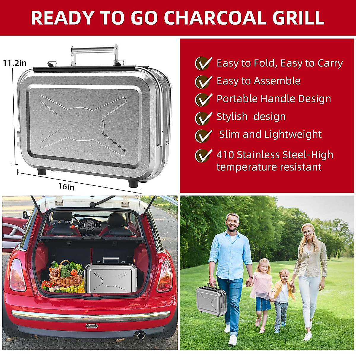 Charcoal Grill COWEKAI Portable Folding Barbecue Grill BBQ Smoker Stainless Steel Durable Tabletop Tool Kits for Outdoor Picnic Patio Backyard Camping Cooking (BK-15.7"L× 12.6"H × 12.4"W)