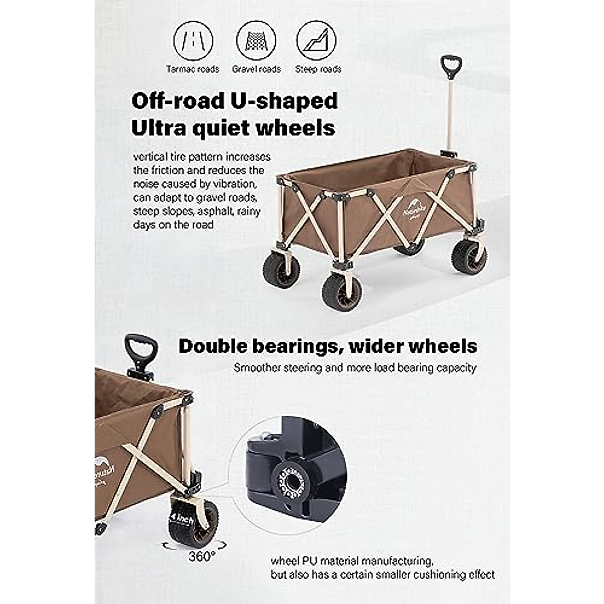 Naturehike Collapsible Outdoor Utility Folding Wagon, Heavy Duty Beach Wagon Cart, Large Capacity Foldable Grocery Wagon for auto Camping Garden Sports Outdoor Use (Almond White)