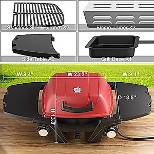 Portable Propane Gas Grill, 2-Burner Portable Gas Grill Small Tabletop Gas Grill, 24000BTU BBQ Outdoor Griddle Gas Grill with Removable Side Tables, Thermometer, Regulator, Gas Hose, Red