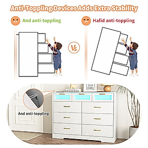 Vibe & Dine 9 Drawer Dresser with LED Lights and Charging Station, Modern Chest of Drawers Closet Organizer, Wood Wide Storage Dresser for Bedroom, Living Room